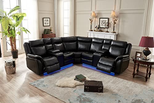 Elountik Symmetrical Power Reclining Sectional Sofa with LED Strip, Storage Console, Cup Holders with Built-in USB Charging Port; Home Theater Power Reclining Sofa Couch (Power Reclining Black)