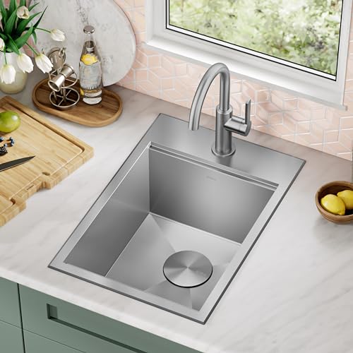KRAUS Kore 15-Inch Drop In/Top Mount Workstation 16 Gauge Single Bowl Stainless Steel Bar Kitchen Sink with Accessories, KWT311-15