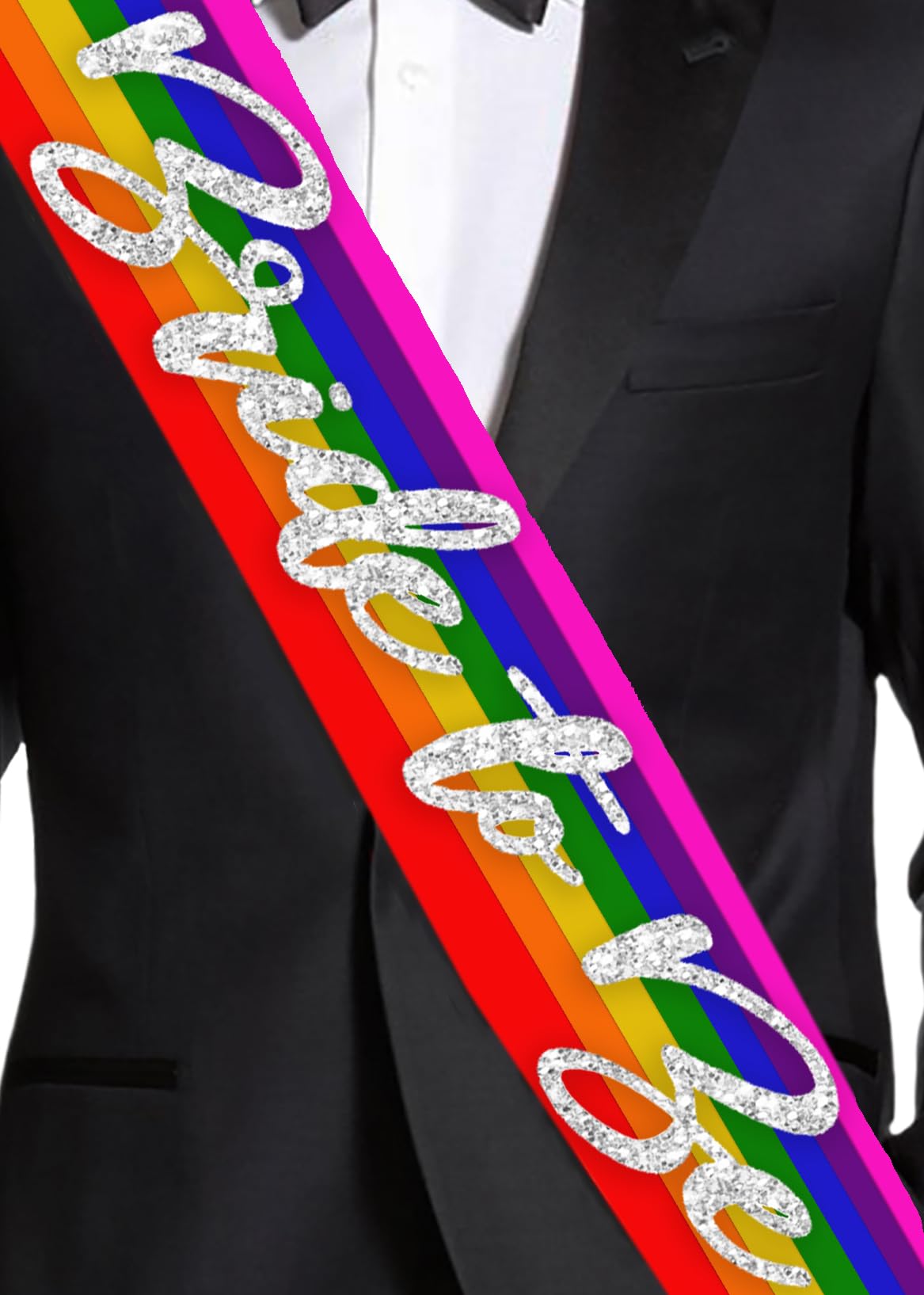 Gay Bachelorette Party Decorations - Set of 2: Silver Sparkle Glam Bride to Be Rainbow Satin Sashes - LGBTQ Couple Gifts - Set2(GlamB2B SLV) RBW