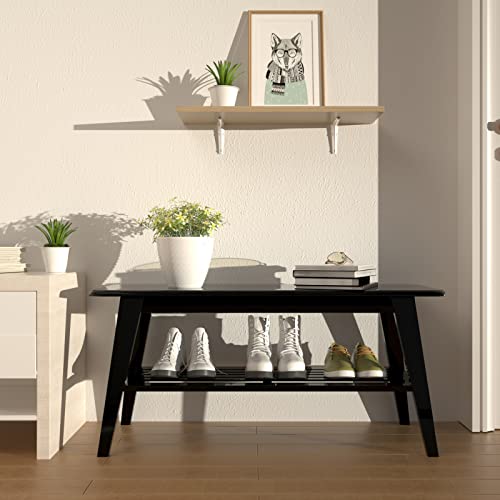 INTOBOO Entryway Shoe Bench, 2-Tier Black Wood Bench for Living Dining Room, 35 Inch Morden Entry Way Shoe Benches Seat, Recyclable Bambo