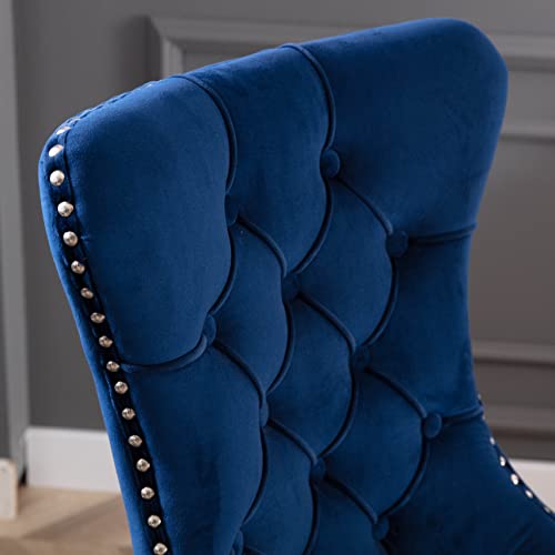 BTEXPERT High Back Blue Velvet Tufted Upholstery, Solid Wood-Accent Nail Trim, Ring Leisure Side Living Room Bedroom Coffee upholstered Dining Chair Set of 2, Navy