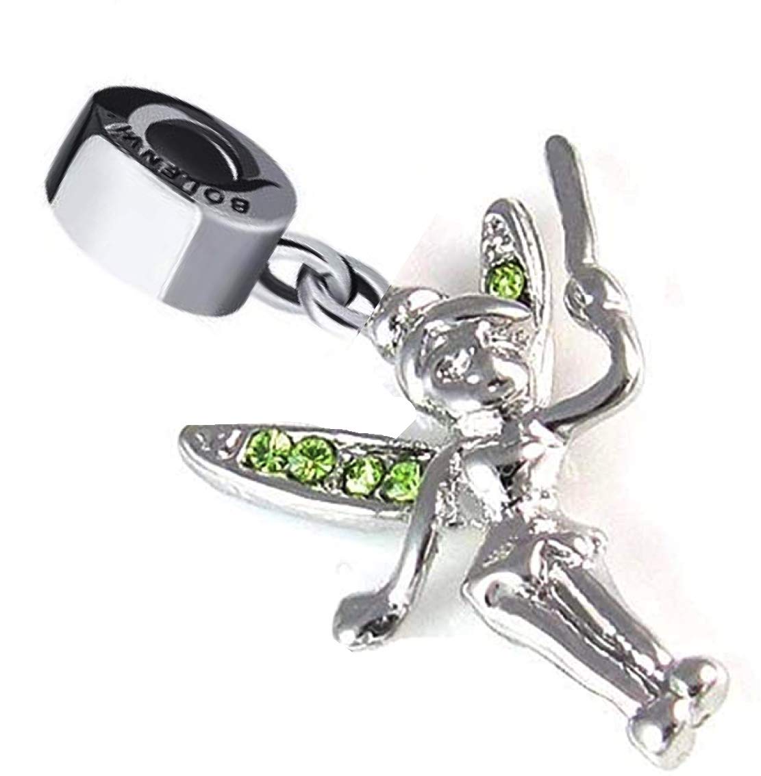 BOLENVI Tinkerbell Fairy Green Swarovski Crystals 925 Sterling Silver Dangle Pendant Charm Bead For Pandora & Similar Charm Bracelets or Necklaces