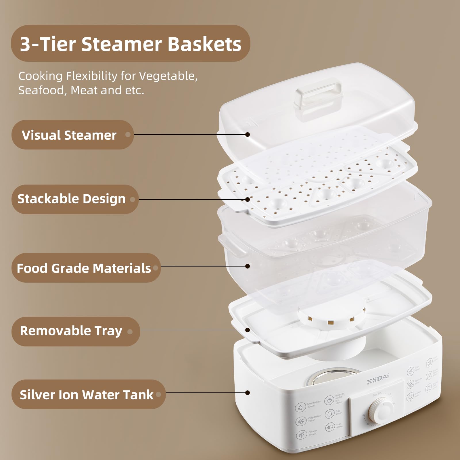 Electric Food Steamer for Cooking, 3 Tier Vegetable Steamer 12.7QT with 60Min Timer, Veggie Steamer with Auto Shutoff & Boil Dry Protection