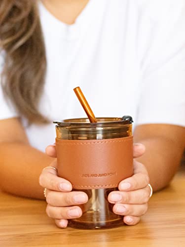 JADE AND JUNO HOME Glass Coffee Mug/Tea Cup with Glass Straw and Leakproof Lid (15oz) - Travel Friendly Cups with Heatproof Sleeves for Hot and Cold Beverages (Rich Caramel)