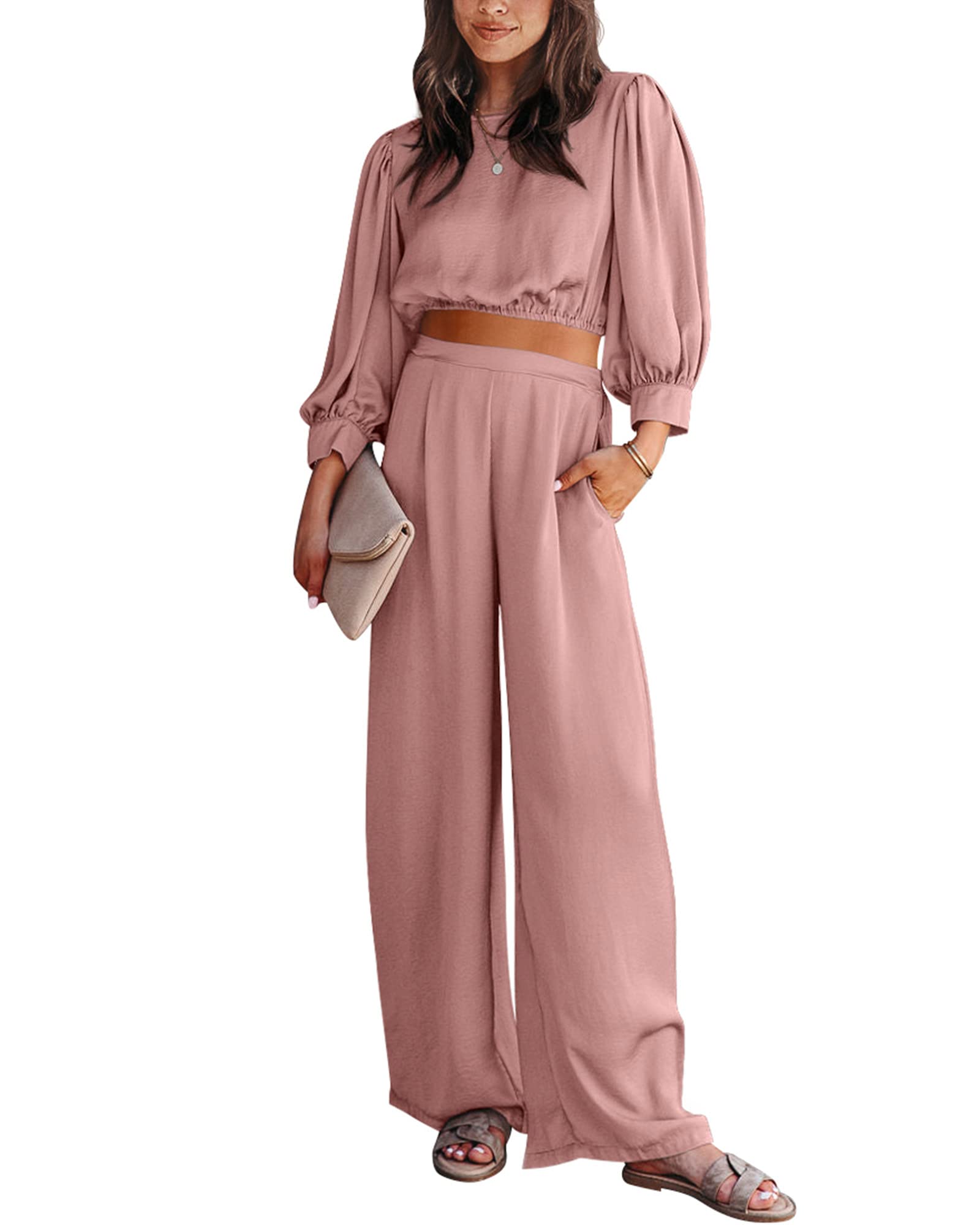 BTFBM Women 2 Piece Outfits Sweatsuit Oversized Satin Set & Wide Leg Pants Fall Lounge Set Wedding Guest(Solid Pink,X-Large)