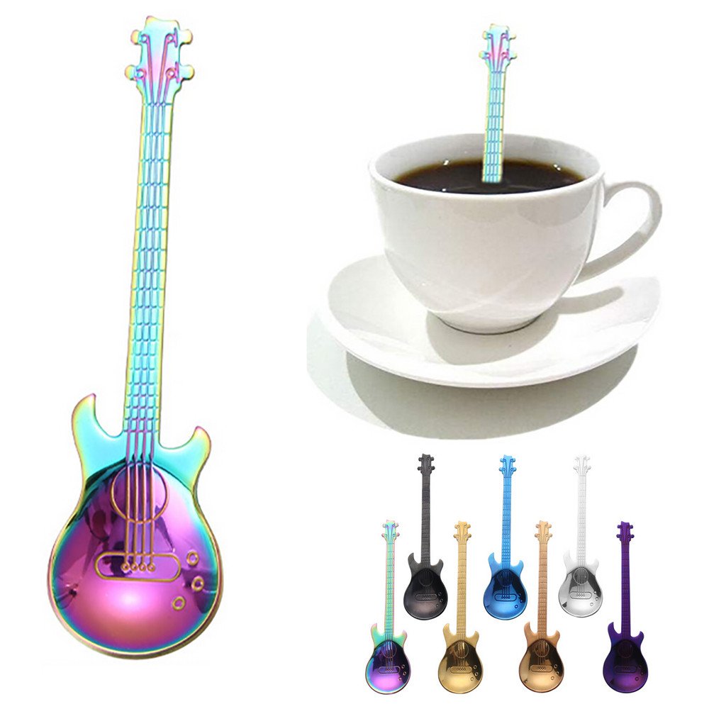 COMIART Creative Guitar Coffee Tea Spoons, 18/10 Stainless Steel Stirring Mixing Spoons, Fun Gift for Music Lover, 4.7 Inch Cute Sturdy Teaspoons, Pack of 4, Silver