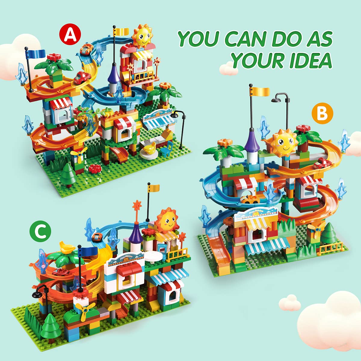 REMOKING Building Blocks Marble Run, Educational Compatible Blocks Models with 4 Cars, Learning Car Track Contruction Toys Set, Great Gifts for Kids 3 Years and up(213Pcs)