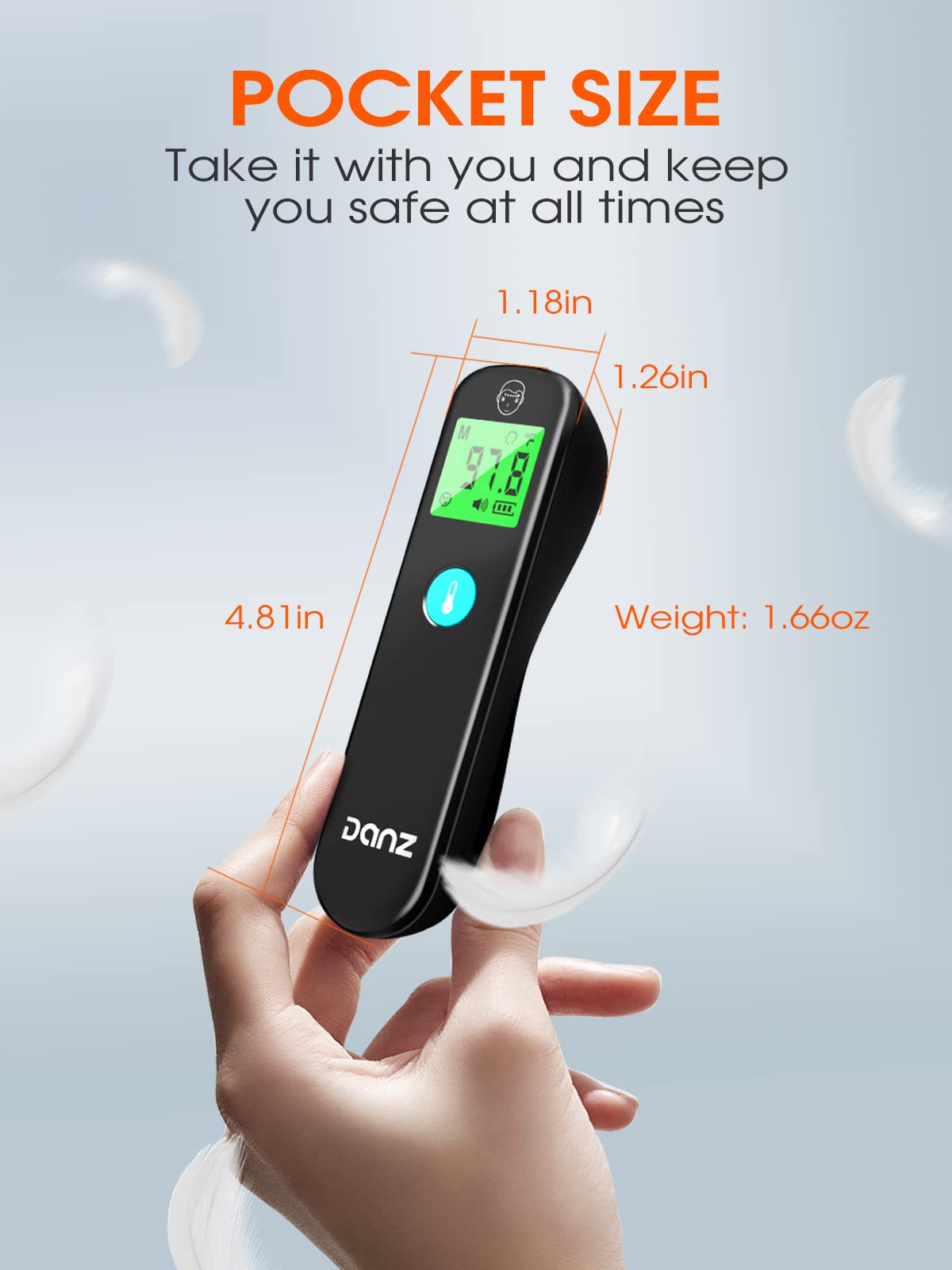Danz No Touch Thermometer for Adults and Kids, Forehead Digital Baby Thermometer with 3-Color Backlight, Infrared Thermometer 1 Second Fast Reading, Fever Alarm