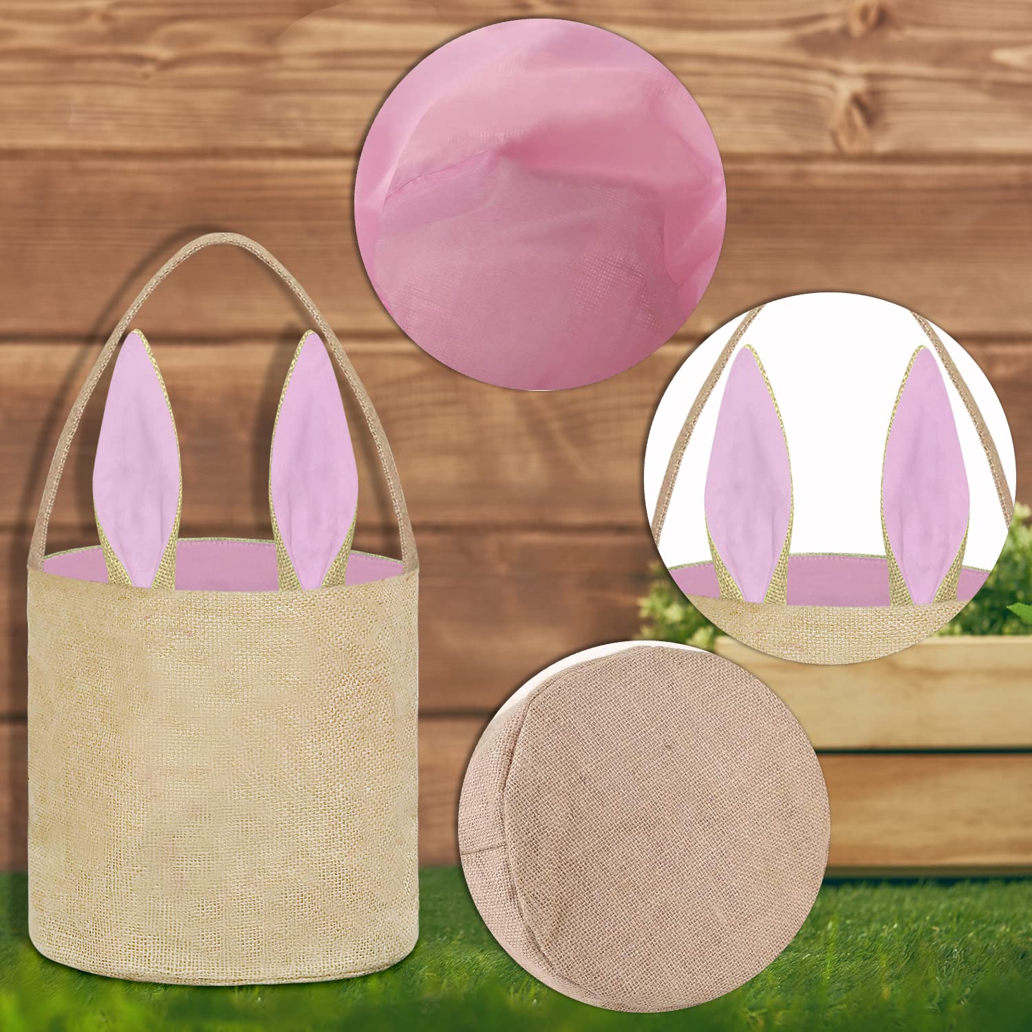 Doxrmuru Easter Bunny Basket Egg Bags for Kids Candy Egg Basket Rabbit Print Buckets with Fluffy Tail Gifts Bags (Pink)