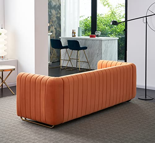 Melpomene Vertical Channel Tufted Velvet Sofa with Round Arm and Gold Metal Legs,Armrest 84.25" W(Orange)