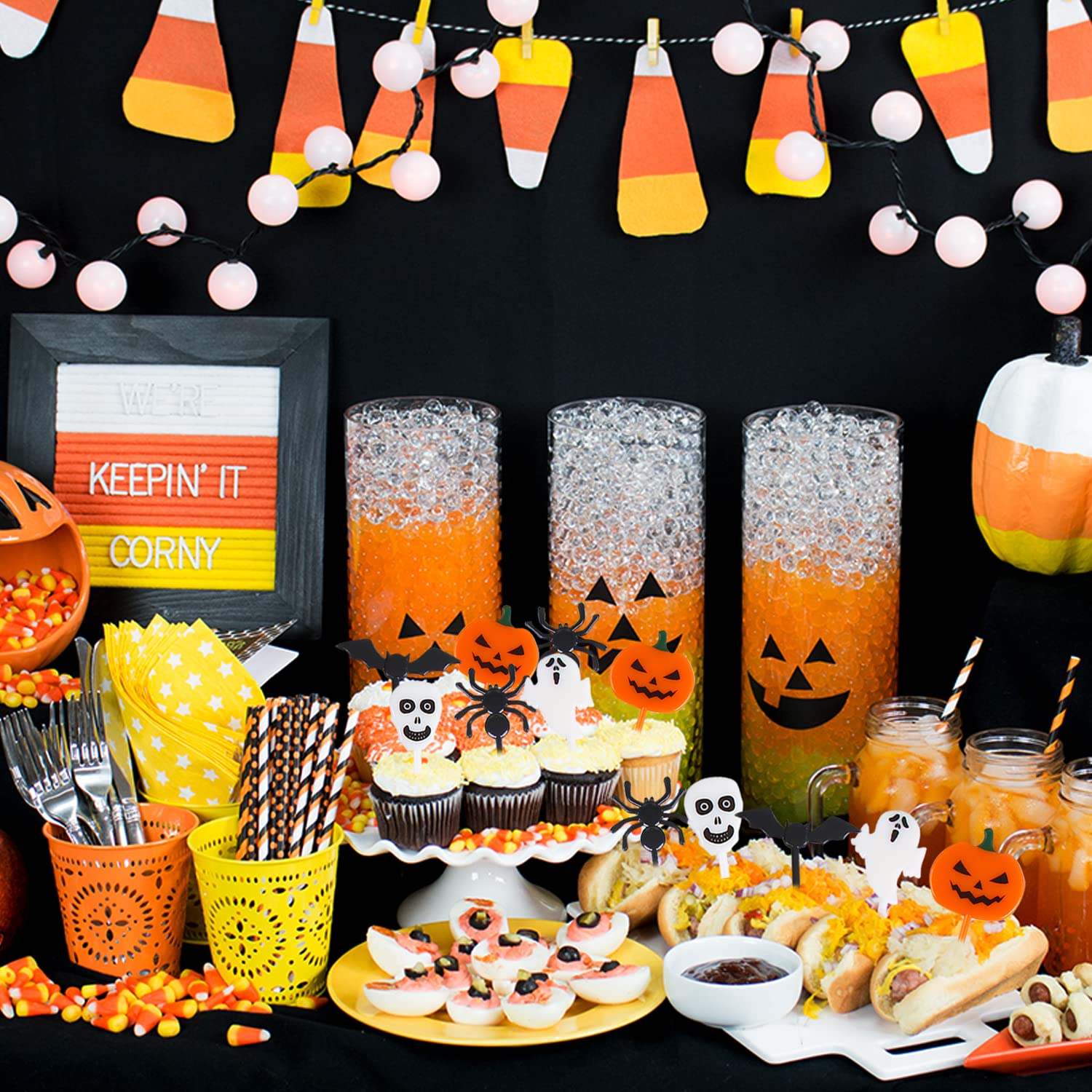 CCINEE 80pcs Plastic Halloween Picks, Halloween Cupcake Topper Picks Food Picks Ghost Pumpkin Spiders Bats Skull Cupcake Toppers for Kids Birthday Party Themed Party