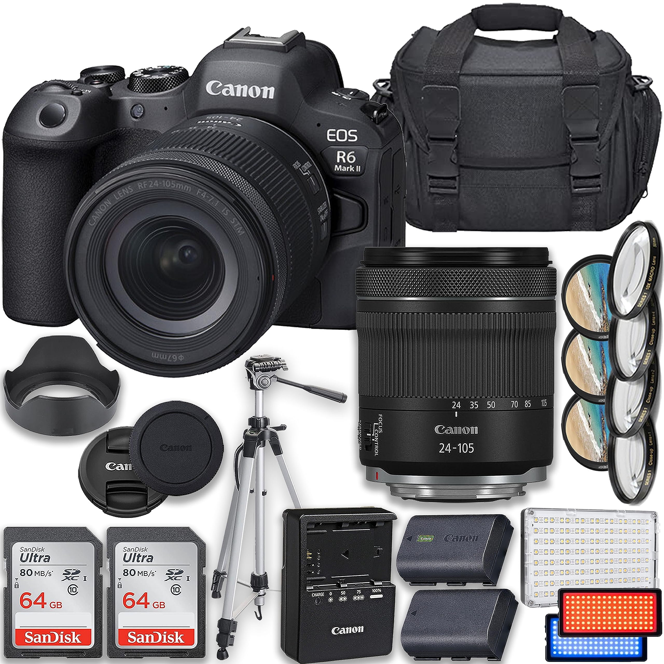 Canon EOS R6 Mark II Mirrorless Camera with RF 24-105mm f/4-7.1 is STM Lens + 2X 64GB Memory Cards + Tripod + LED Video Light & More