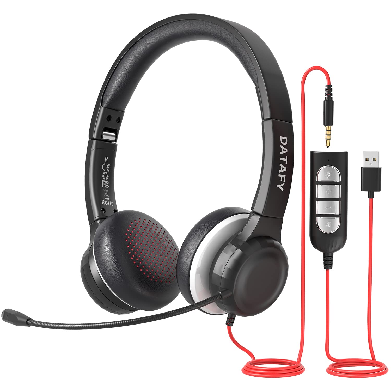DATAFY USB Headset with Microphone for PC, in-line Wired Computer Laptop Headphones with Noise Cancelling Microphone, Business Headset for Home Office, Online Class Skype Zoom, Foldable On Ear Design
