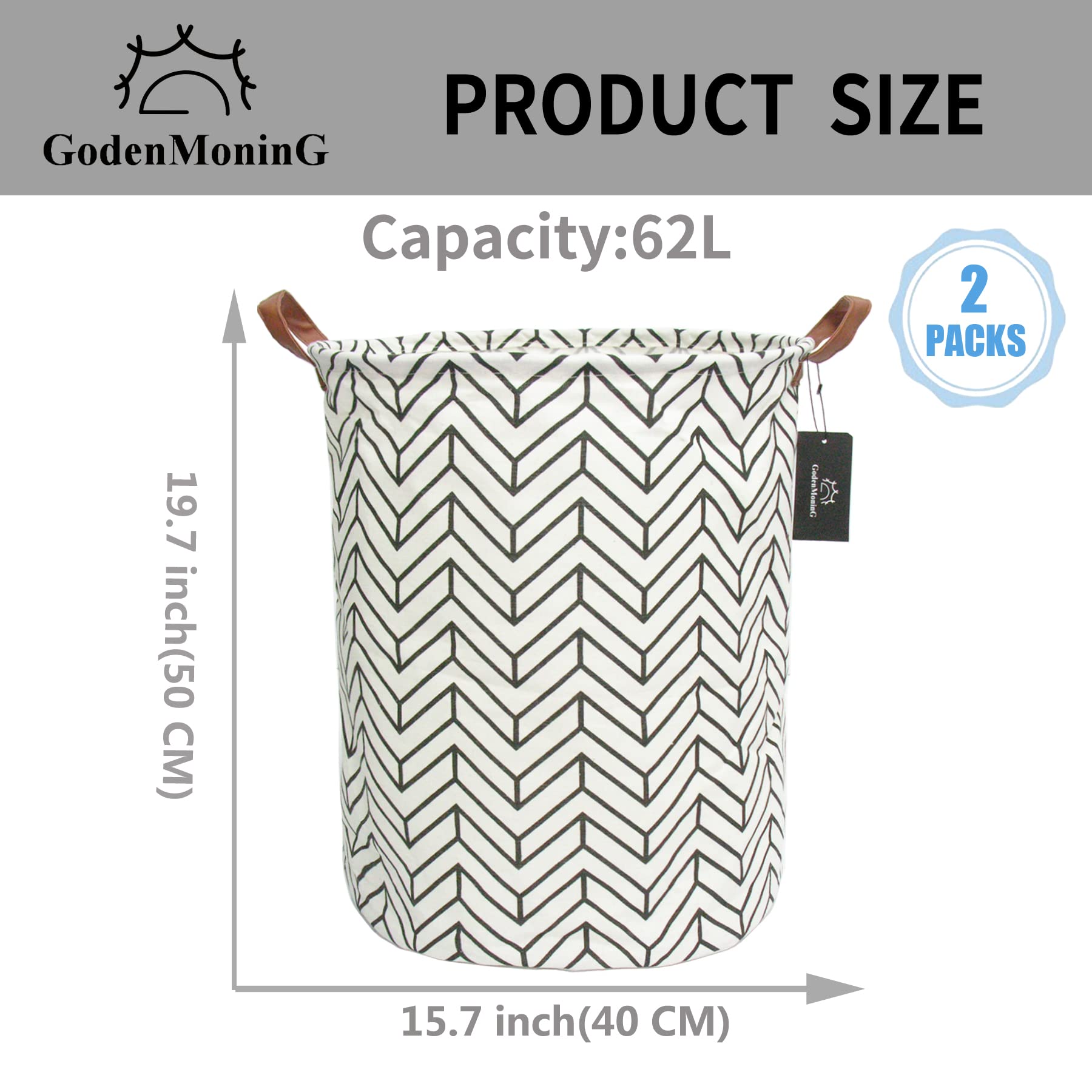 Collapsible Laundry Basket - GodenMoninG 2X 62.8L Large Sized Round Waterproof Storage Bin with Leather Handles,Home Decor,Toy Organizer,Children Nursery Hamper.(2 PACKS,THICK Flow Mark X2)
