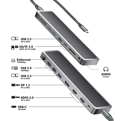 𝐄𝐒𝐒𝐀𝐆𝐄𝐑 USB C Hub, 12 in 1 USB-C Laptop Docking Station, Triple Display Type C Adapter Compatible for MacBook and Windows USB C Labtop(2HDMI DP PD3.0 SD TF Reader Ethernet 4USB 3.5mm Ports)