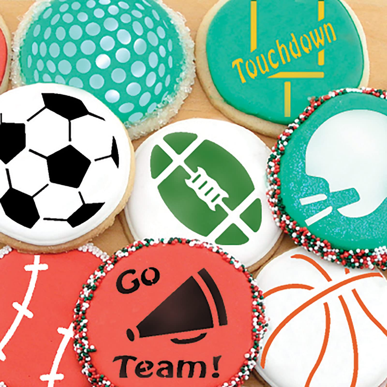 Designer Stencils Small Sports Ball Cupcake and Cookie Stencils (Basketball - Golf - Soccer - Baseball), Beige/semi-transparent