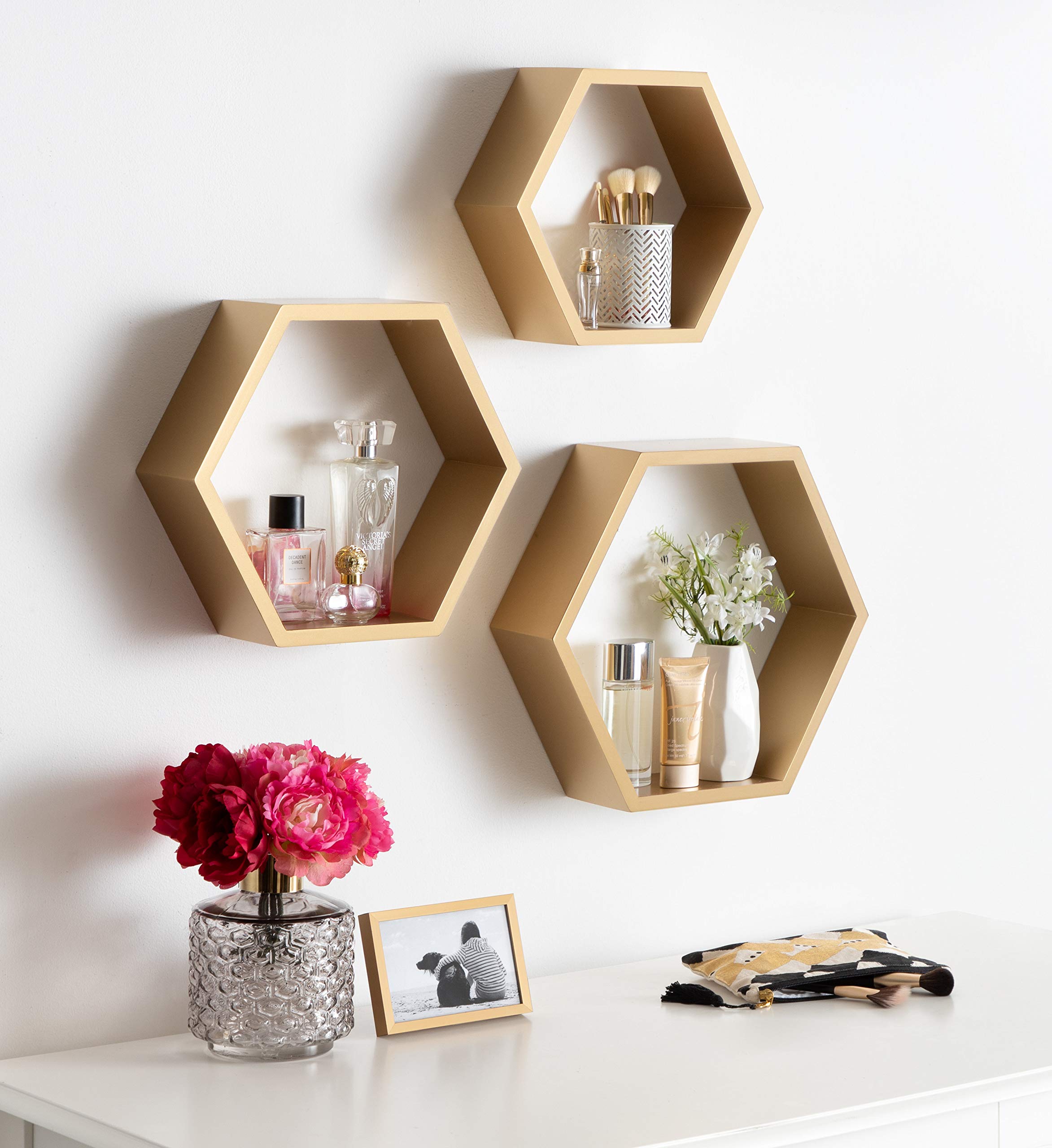Kate and Laurel Putnam Hexagon Shelf, Set of 3, Gold, Dynamic Geometric Wall Decor and Storage