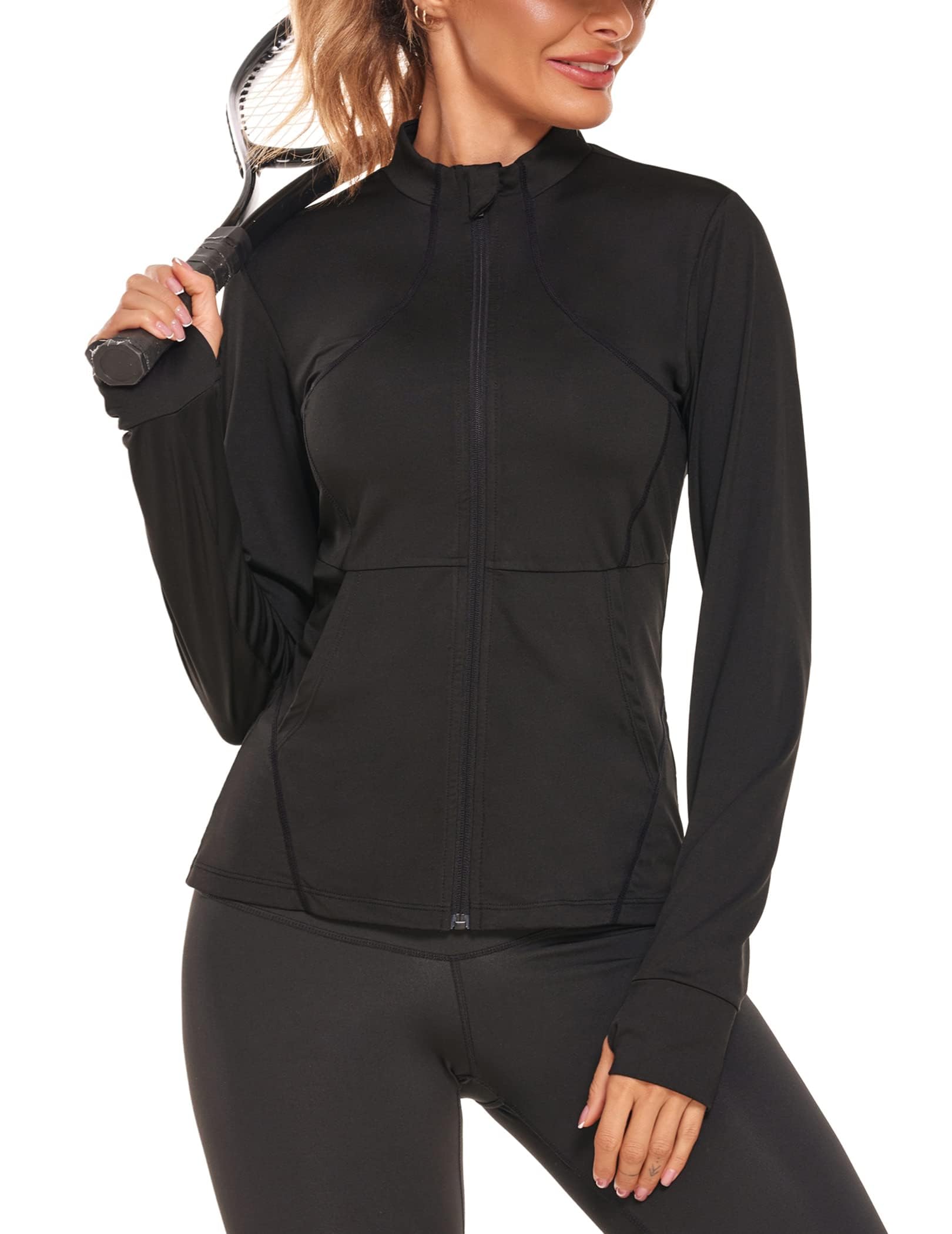 COOrun Women's Active Tennis Jacket with Thumb Holes Black Zip Up Running Track Jacket Black XXL