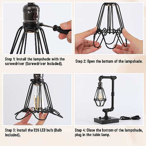 Lodstob Steampunk Lamp, Fully Stepless Dimmable Industrial Table Lamp with Dual USB Ports, Vintage Rustic Desk Lamp for Bedroom, Office, Living Room (Bulb Included)