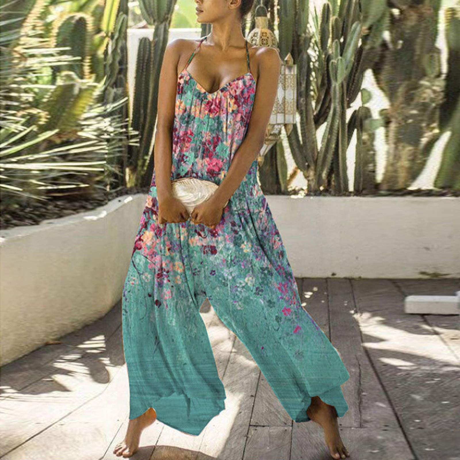Padaleks Women's Summer Floral Boho Jumpsuit One Piece Baggy Harem Pants Sexy V Neck Halter Backless Romper Outfits