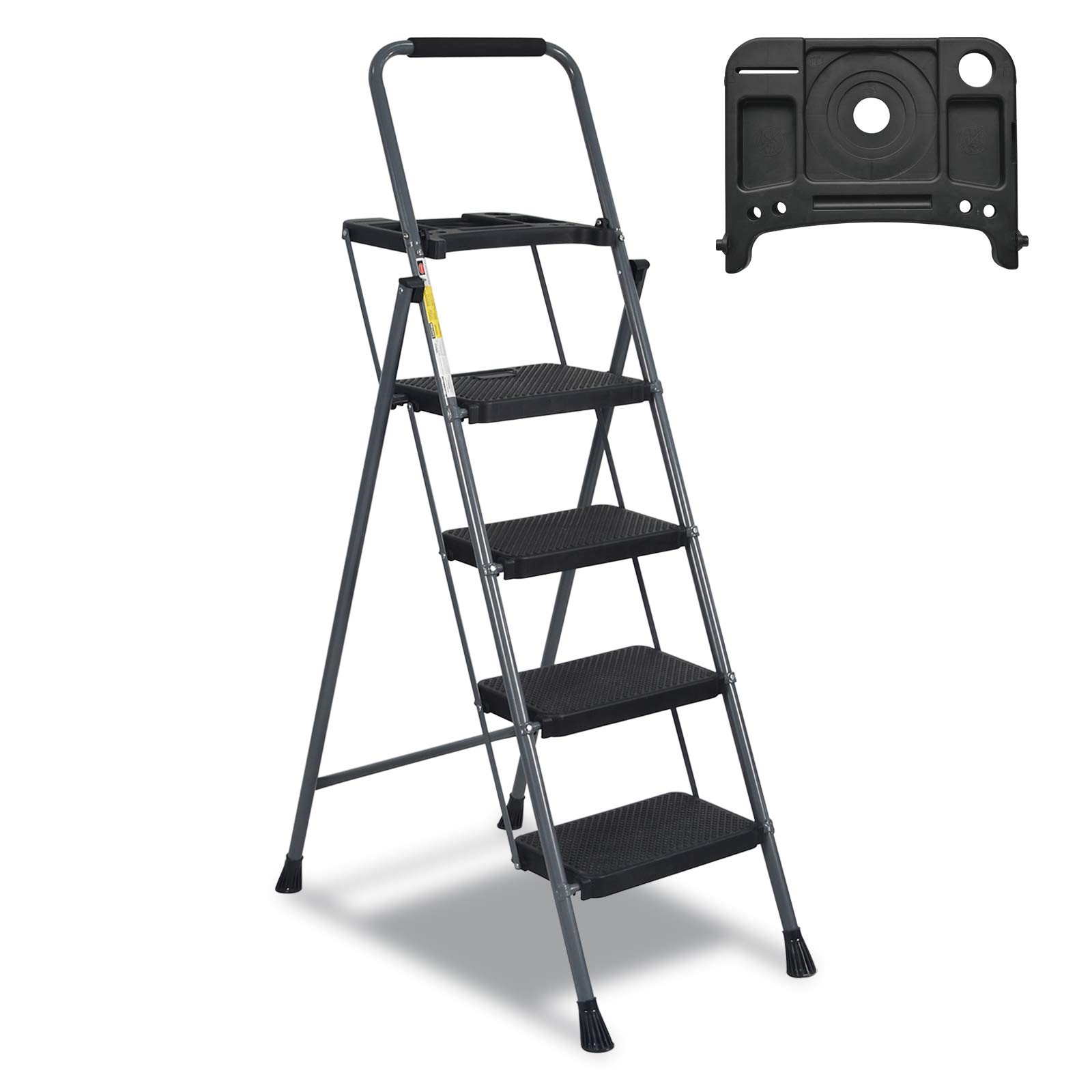CharaVector 4 Step Ladder,Lightweight Folding Step Ladder,Folding Step Stool with Built-in Tool Platform and Anti-Slip Feet,Step Ladder with Handrails Gray