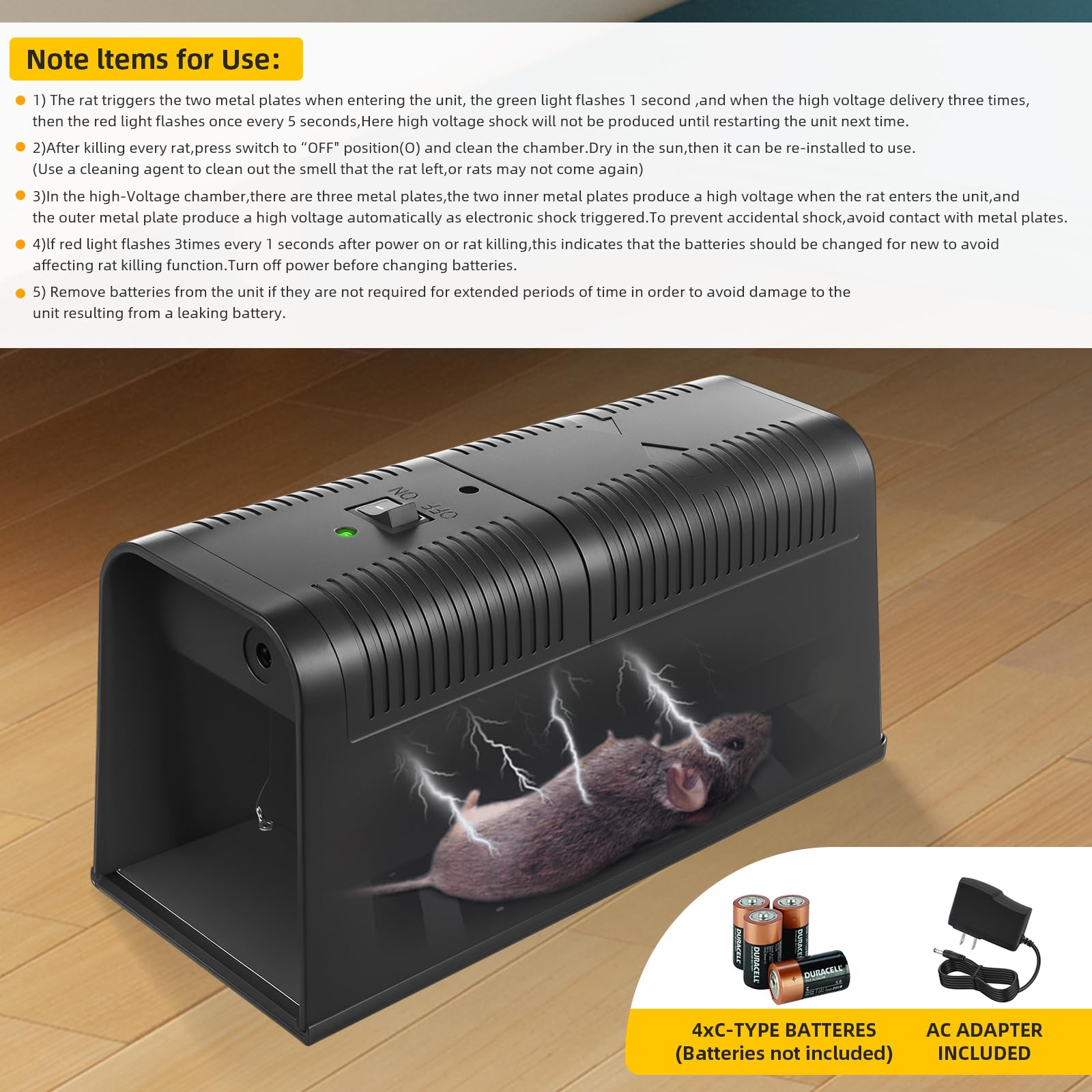 Electric Mouse Trap Zapper Powerful Rat Traps Indoor for Homes with Anti-Escape Door,Effective & Reusable Humane Rodent Zapper Electric Shock Killer for Home,Garage,Kitchens7801115 (2)