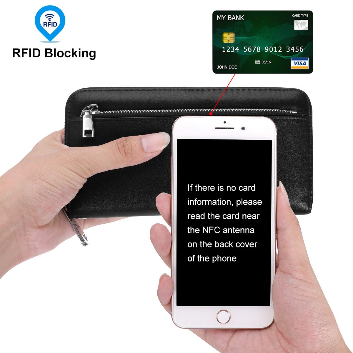 XEYOU Leather Wallets for Women RFID Blocking Zipper Around Credit Card Holder Cellphone Wallet for Women (Black)