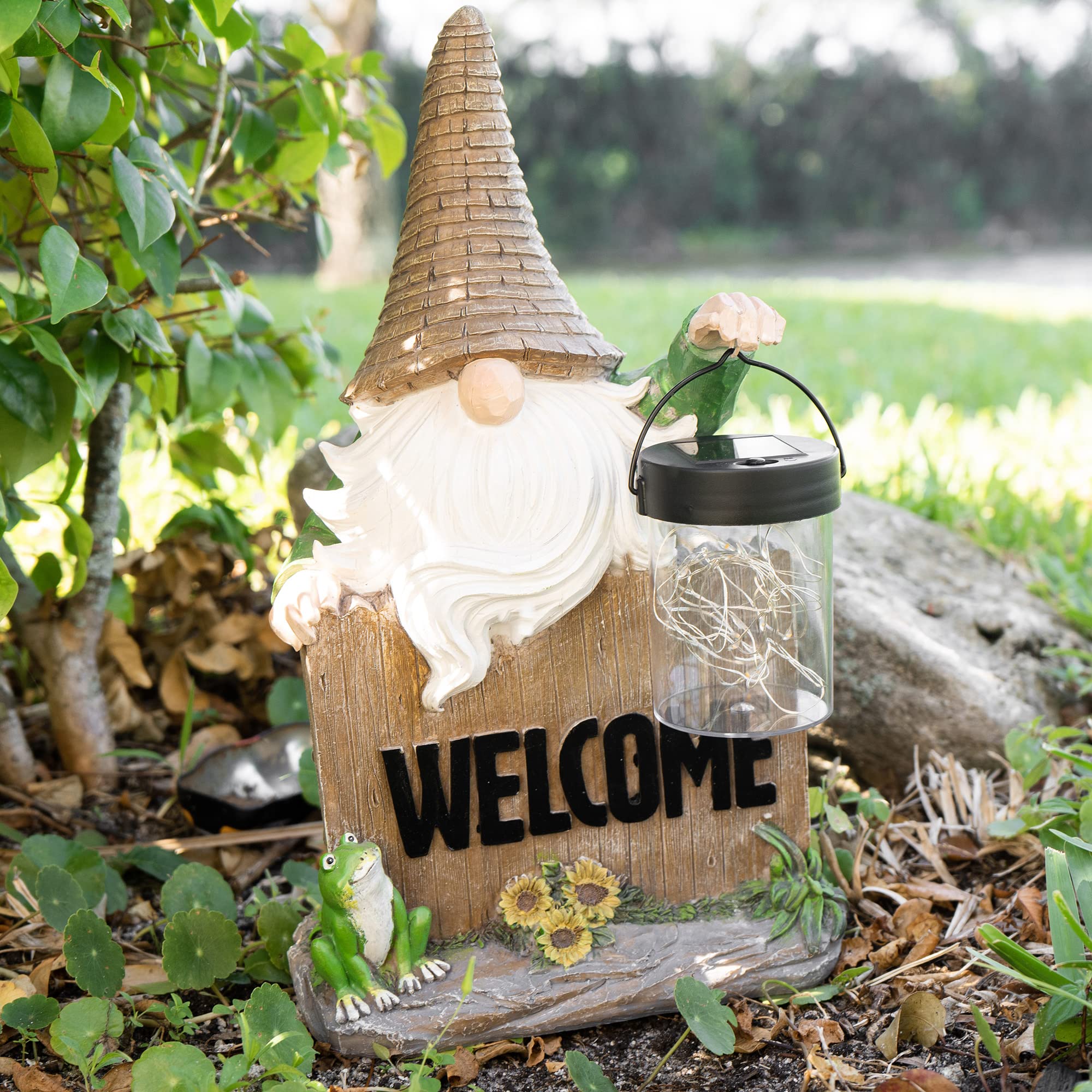 VP Home Welcome Gnome with Lantern and Frog Solar Powered LED Outdoor Decor Garden Light Welcome Gnomes Statues Outdoor Funny Figurine Decor for Outside Patio, Yard, Lawn