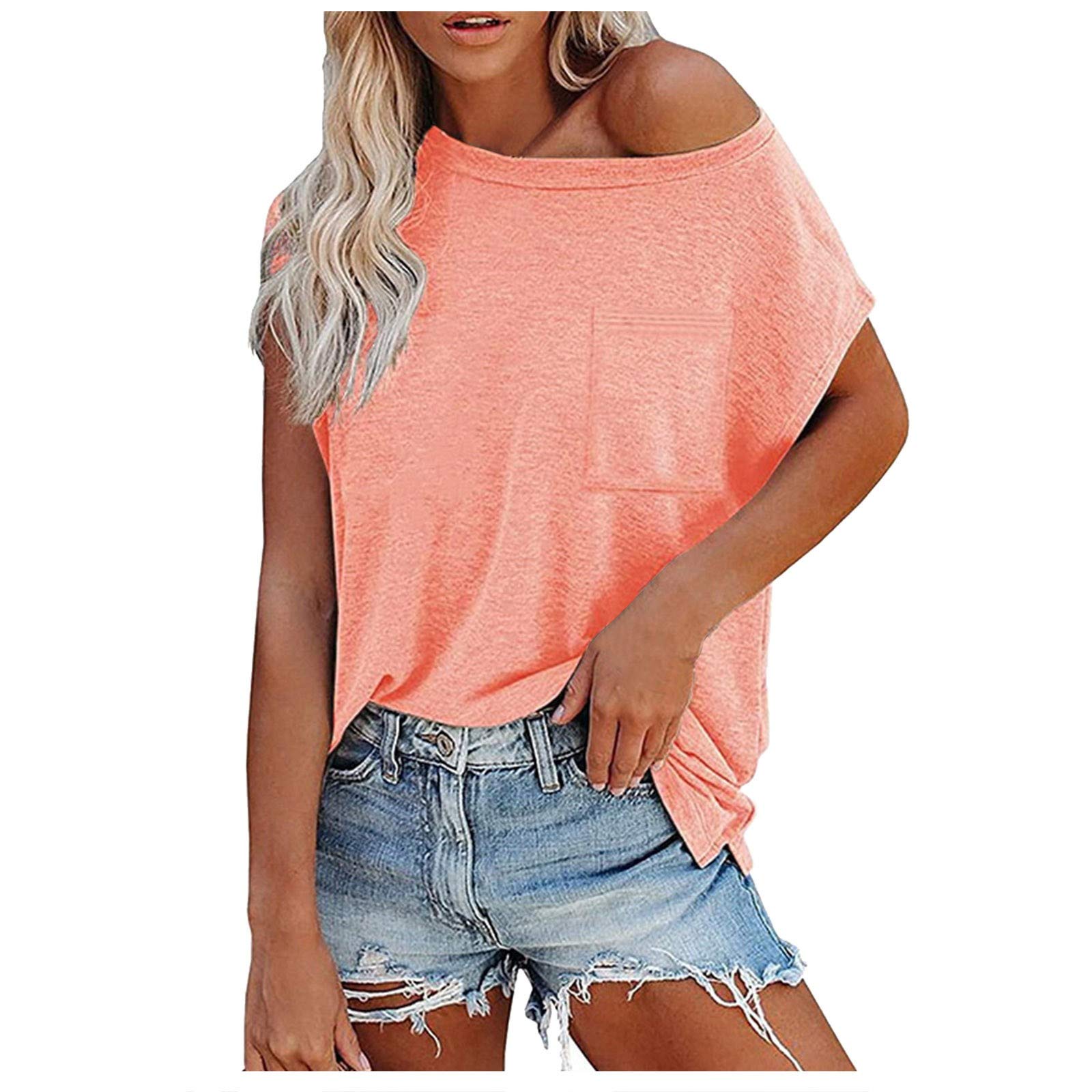 Padaleks Womens Casual Solid Color Short Sleeve Round Neck T Shirts Summer Loose Fit Blouses Tops with Pocket