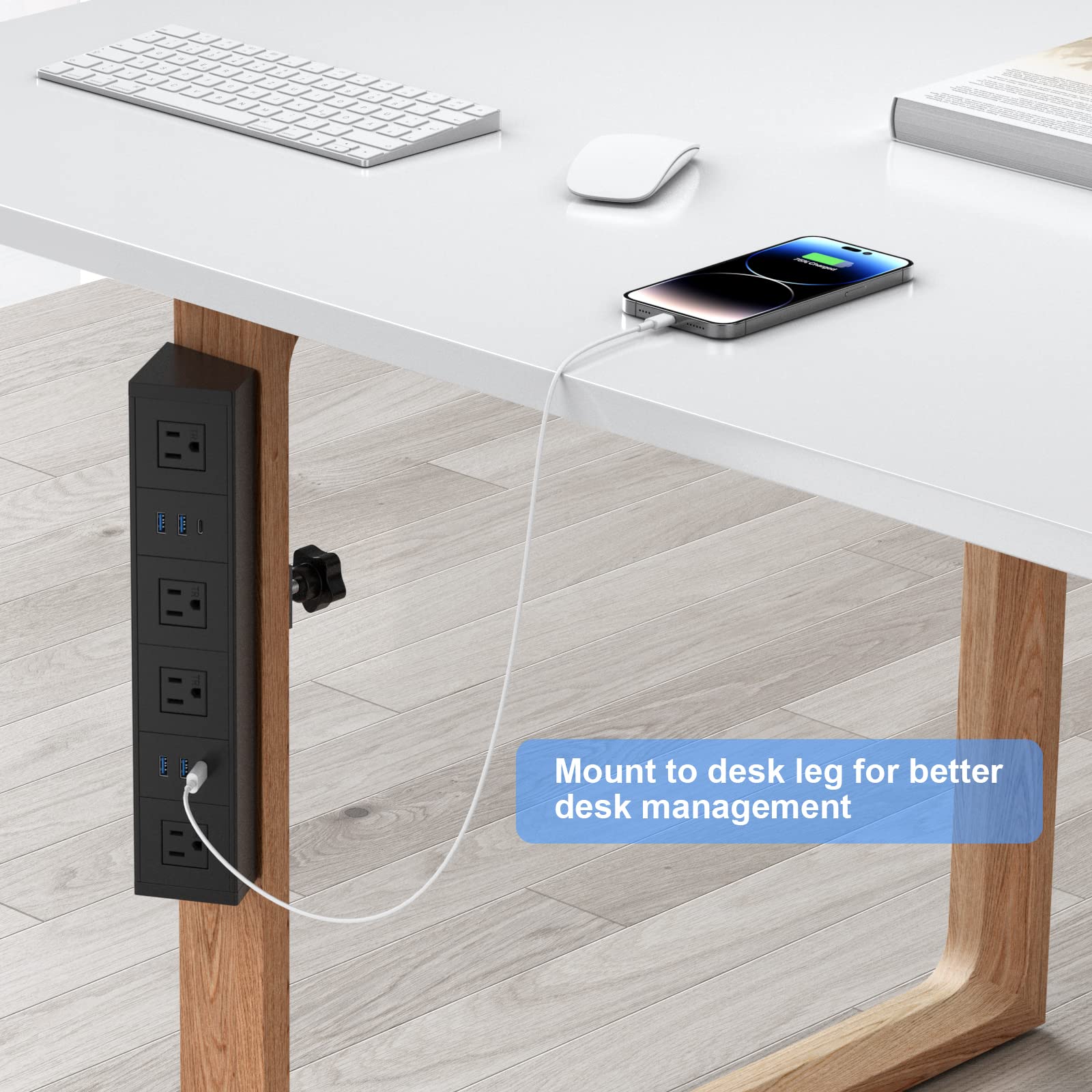 Desk Clamp Power Strip with 20W USB C,USB Total 40W Desk Edge Power Strip,4 Wide Spaced Tamper Resistant AC Outlets,2 USB-C,4 USB-A,6ft Flat Plug Cord,Fit 2.1" Tabletop Edge