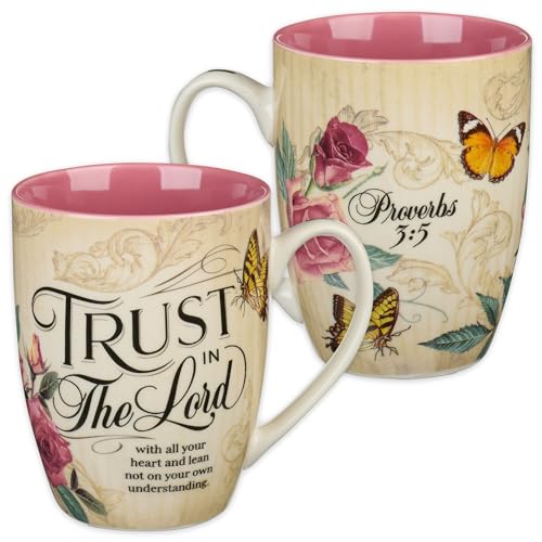 Christian Art Gifts Ceramic Scripture Coffee & Tea Mug for Women, 12 oz Inspirational Bible Verse - Trust in the Lord - Proverbs 3:5 w/Gold Accents, Rose Floral Cute Butterfly, Pink/Tan