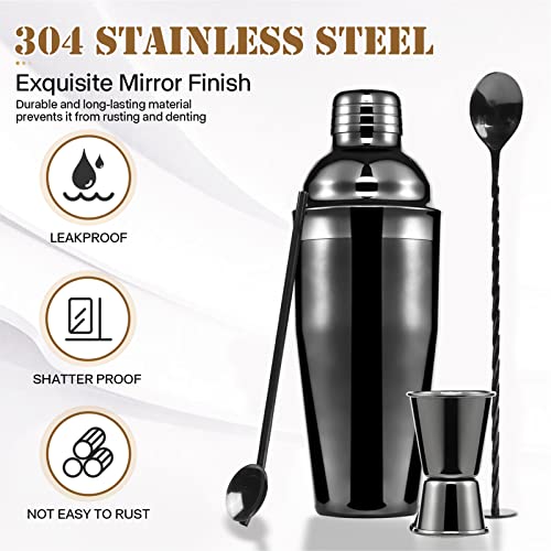 Purism Cocktail Shaker,4-Piece Stainless Steel Bartender Kit Essential Cocktail Bar Tool Set,25 oz Martini Shaker with a Built in Strainer lid &Manual of Recipe, Bar Set for Home Drink Mixing(Black)