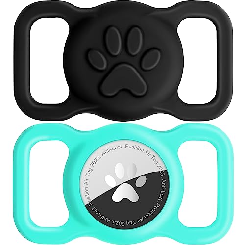Joytale 2 Pack Airtag Dog Collar Holder, Elastic Silicone Air Tag Holder for Dogs and Cats, Light and Durable Apple Airtag Holder with Slide-On Loop(Black/Mint)