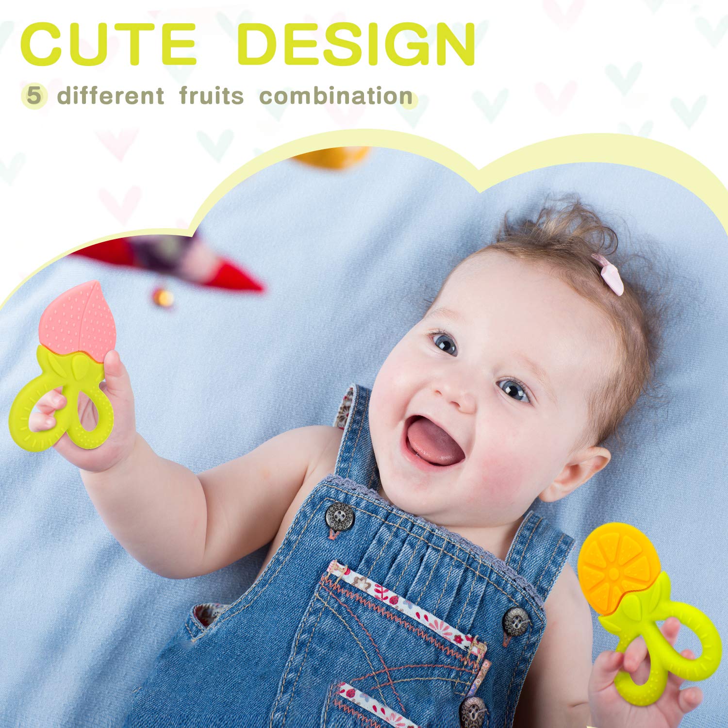 SHARE&CARE BPA Free Silicone Fruit Baby Teether Toys Baby Teething Toys with Storage Case, for 3 Months Above Infant Sore Gums Pain Relief(5 Fruit Trees)