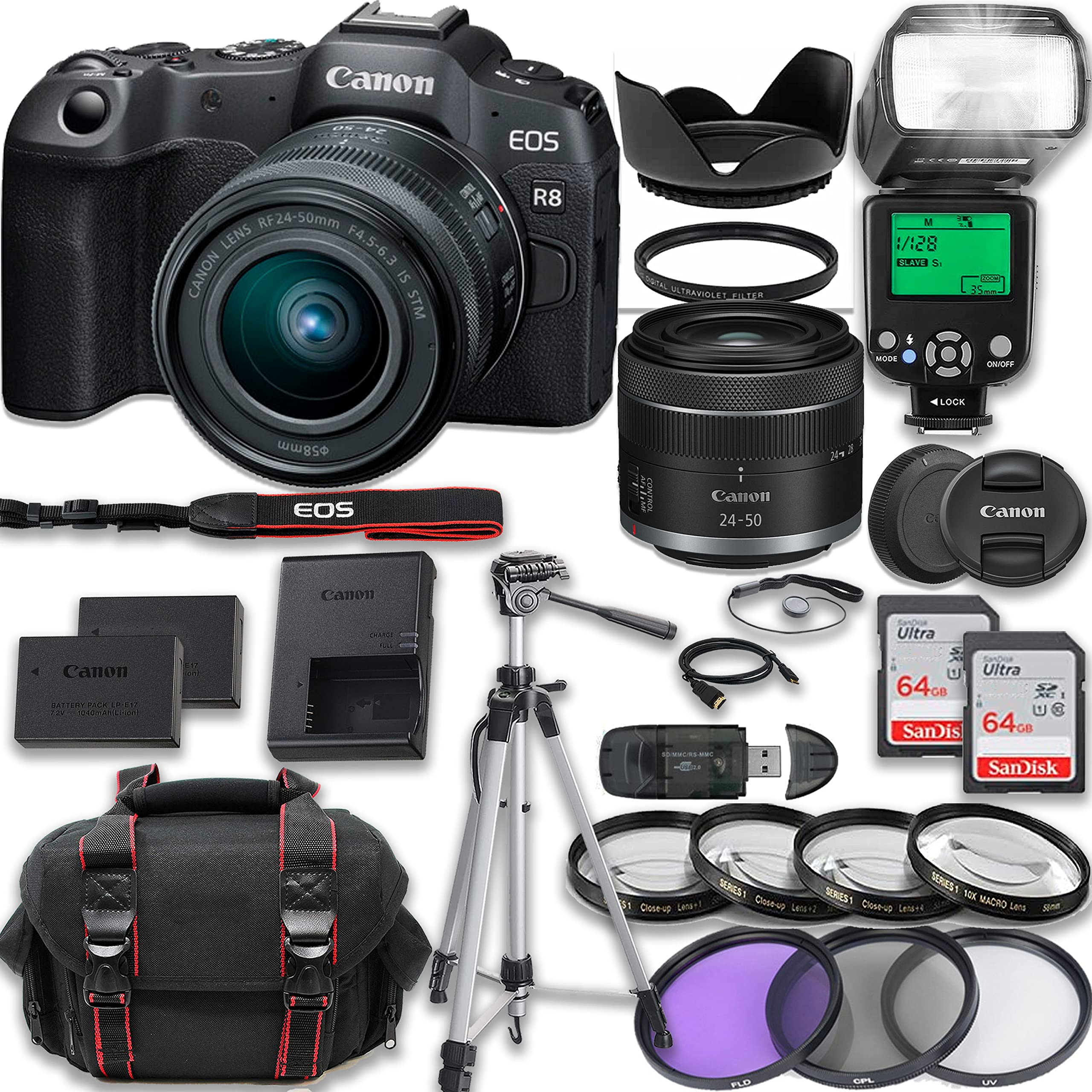 Canon EOS R8 Mirrorless Camera RF 24-50mm f/4.5-6.3 is STM Lens + Accessories Included: 2X 64GB Memory Cards, TTL Flash, Extra Battery, Case, Tripod & More