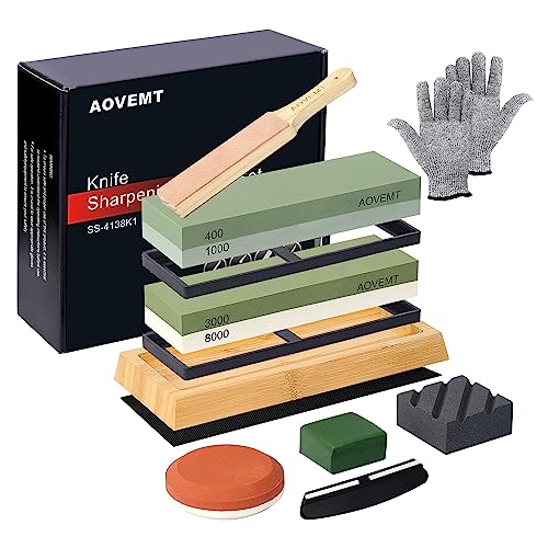 Knife Sharpening Stone Set, Aovemt Whetstone Coarse to Polished Finishes 4-Sided 400/1000 3000/8000 Grit wet stone, Axe Sharpening Stone, Leather Strop, Stropping Compound, Flattening Stone, ect.