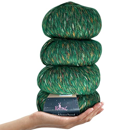 KnitPal Cotton Alpaca Tweed, 3 DK, Light Worsted Yarn Pack of 4 (588yds/200g), Super Soft Fluffy Multicolor Blend for Knitting and Crocheting Hats, Shawls, Garments, Blankets (Emerald Green)
