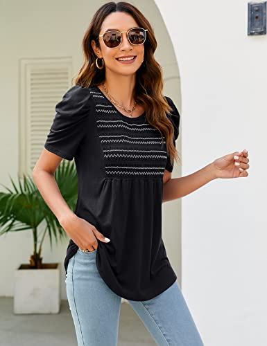 LOMON Oversized T Shirts for Women Short Sleeve Cute Smocked Tops Tees Summer Tunic Tops to wear with Leggings 2023