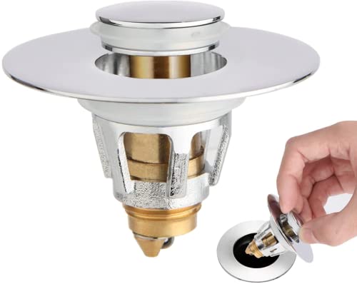 Davpo Universal Bathroom Sink Drain Stopper - Upgraded Spring Bullet Core Wash Basin Rebound Sink Drain Stainless Steel Bounce Pop Up Filter Push Type Converter for 1.1-1.5inch Silver
