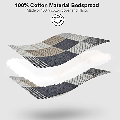 PANGUSHAN 100% Cotton Quilt Set Queen Size,Patchwork Plaid Queen Quilt Bedding Set Bedspreads,Farmhouse Lightweight Comforter,Grey/Gray/Black/Tan/White/Cream Reversible Quilt for Queen Bed,3 Pieces