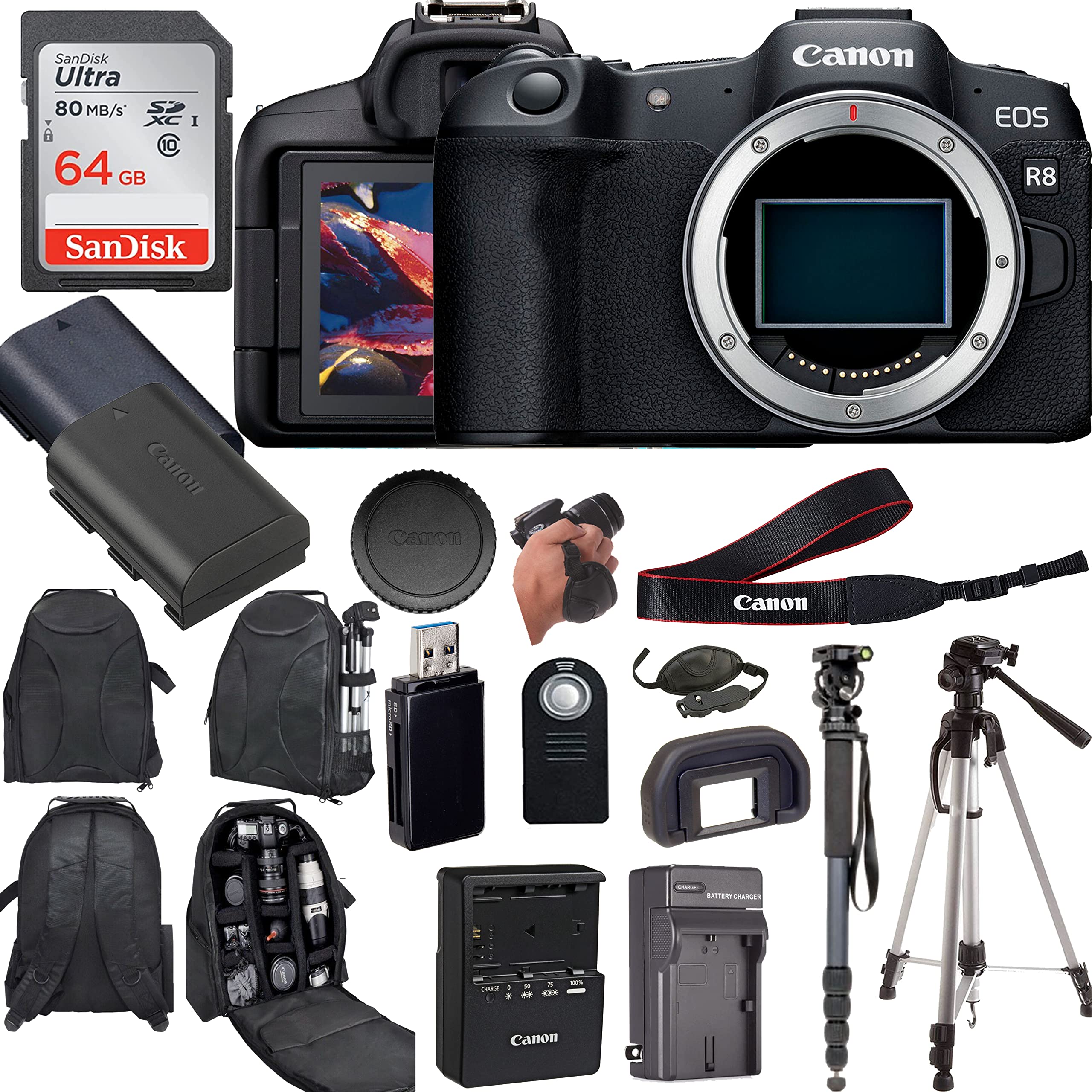 Canon EOS R8 Mirrorless Camera (Body Only) Enhanced with Professional Accessory Bundle - Includes 14 Items