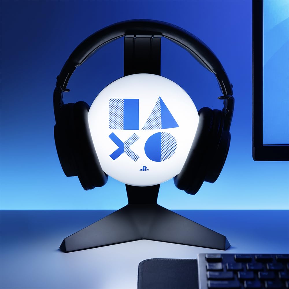 Paladone PlayStation Light Up Headphone Stand, Turns On When Headphones are Placed, USB Powered Headset Stand for Gamers, PlayStation Gaming Setup Desk Accessories
