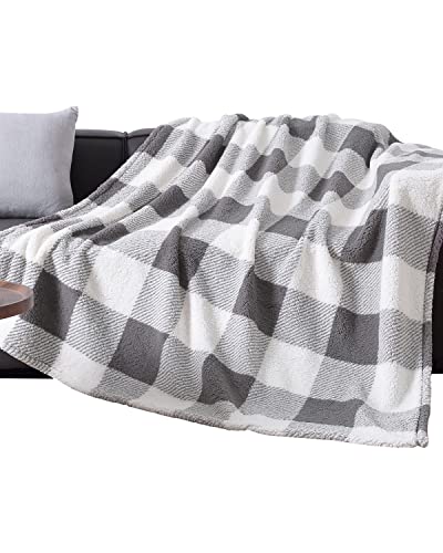 Panku Plaid Sherpa Throw Blanket with Solid Plush Reverse, Reversible Soft Fleece Checkered Blanket for Couch and Bed, Cozy and Warm Fuzzy Blanket, Grey Plaid, 50x60 Inches