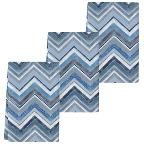 Beisseid Kitchen Dish Towels Blue Chevron Dish Cloth Fingertip Hand Towels Geometric Design Stripe Blue Gray Super Absorbent Soft Cotton Tea Towel 3 PCS
