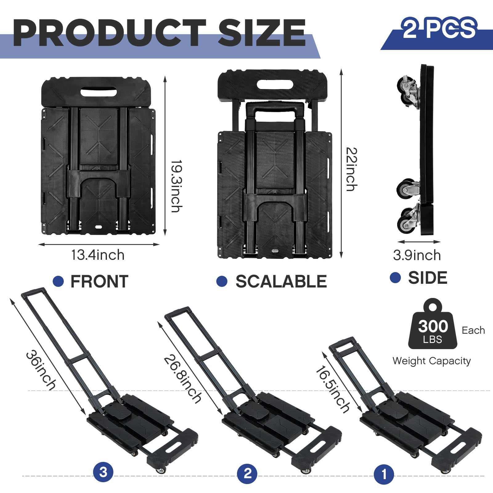 Datanly 2 Pcs Combinable Folding Hand Truck Dolly Cart 660 lb Portable Heavy Duty Dolly Cart with 6 Rotate Wheels 2 Bungee Cord Adjustable Handle Moving Platform for Luggage Travel Shopping Office