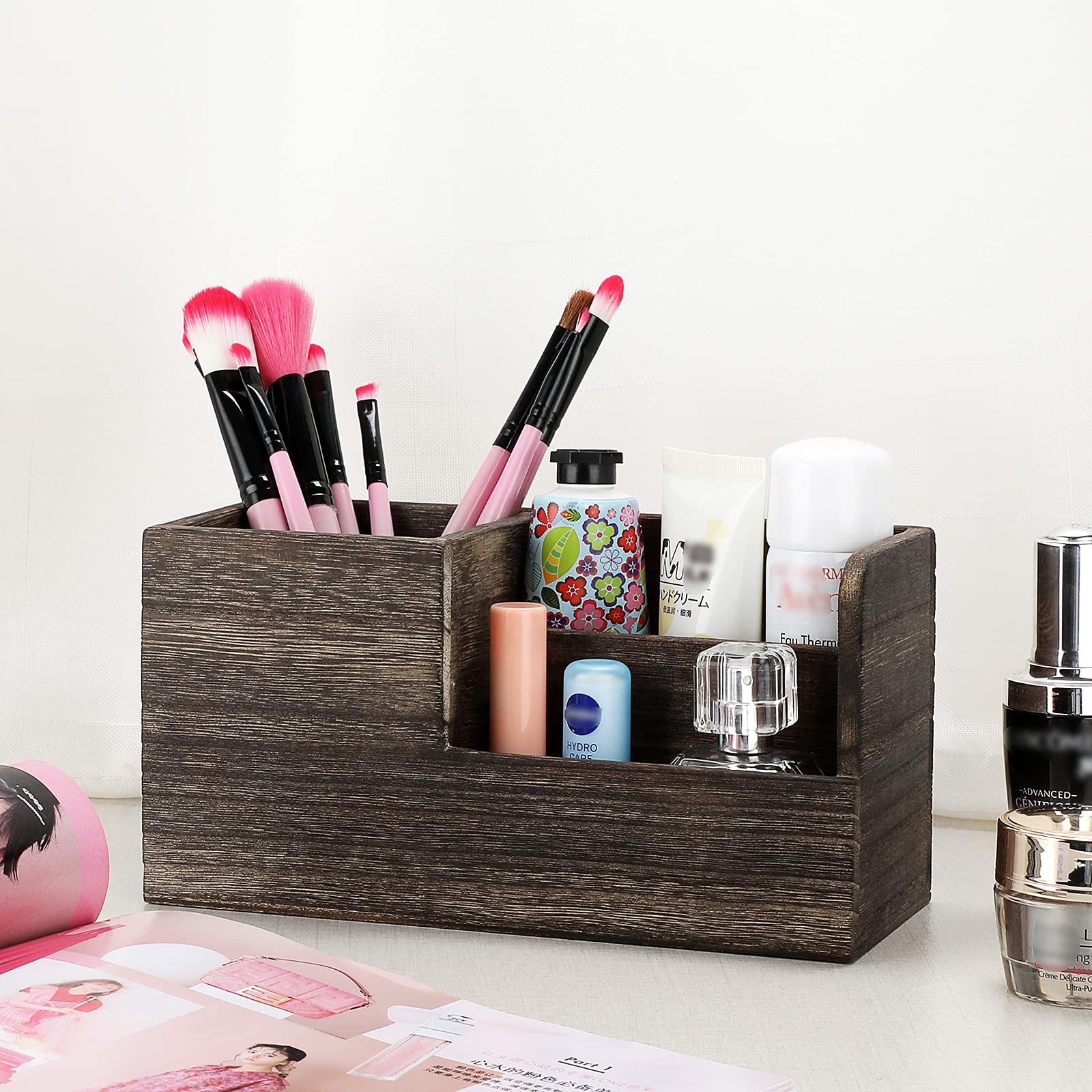 BTSKY Desk Pen Pencil Holder Leather Multi-function Desk Stationery Organizer Storage Box Pen/Pencil, Cell phone, Business Name Cards Remote Control Holder (Linen Grey)