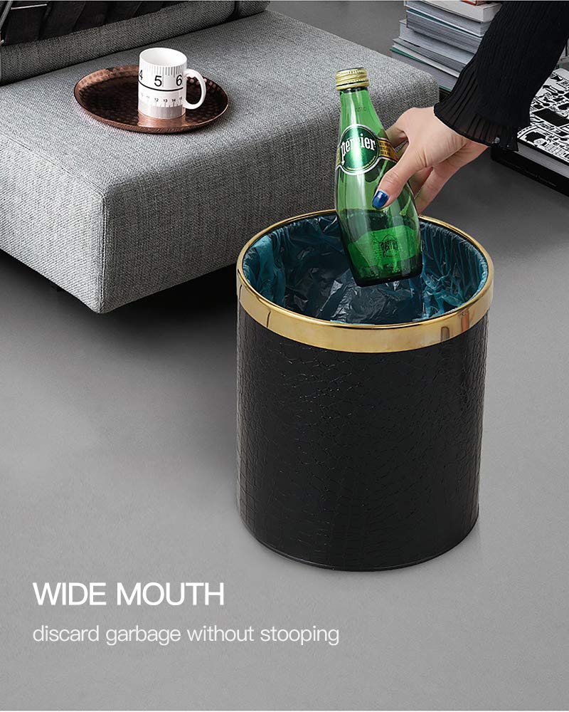 Huaqinglian Small office trash can garbage can Metal Open top wastebasket bin with removable gold ring which for hold garbage bag for Bathroom,Living room,bedroom Using (Black Crocodile Pattern)