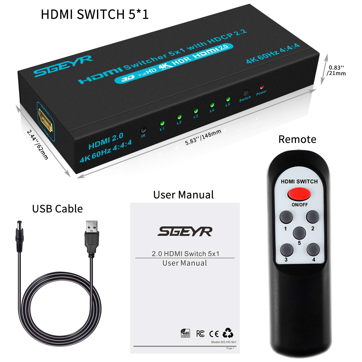 SGEYR 4K HDMI Switcher 5x1 with IR Remote, High-Speed 5 Port HDMI Selector Box 4K@60Hz Support HDR HDCP2.2 for PS5, Xbox, Roku, Fire Stick - Streamline Your Gaming Setup(Black)