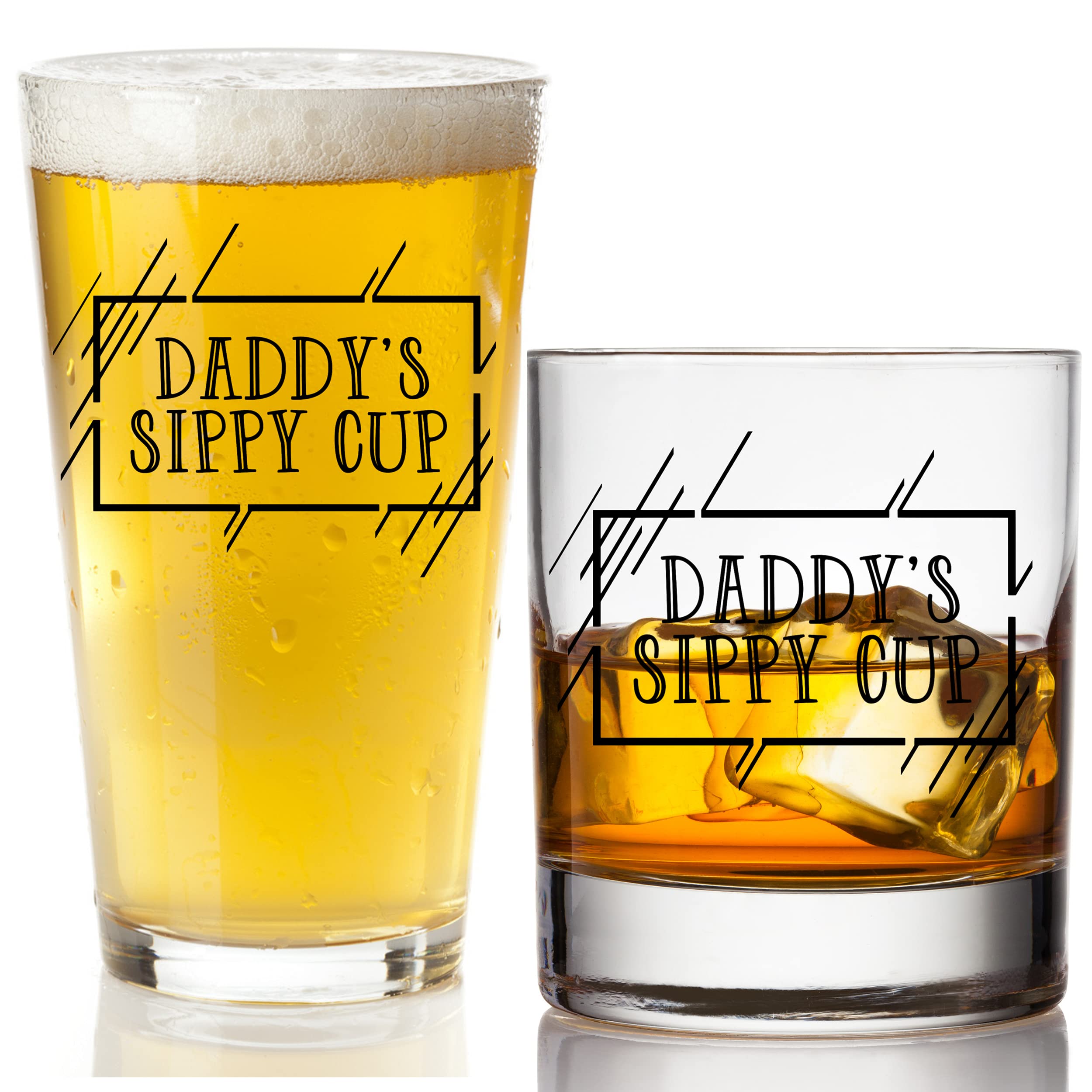 Daddy’s Sippy Cup Whiskey & Beer Glass Gift Set - Funny New Dad Gifts for First Time Parents - Unique Christmas, Fathers Day, or Birthday Gift for Expecting Father
