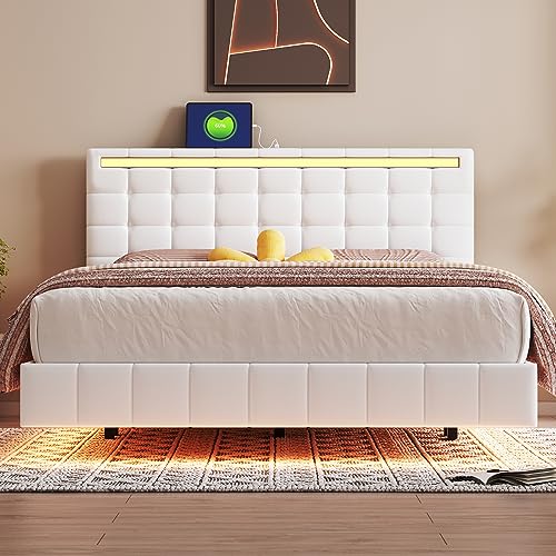Linique Queen Size Wooden Floating Bed Frame with LED Lights and USB Charging,Modern PU Upholstered Platform LED Bed Frame with Headboard,White